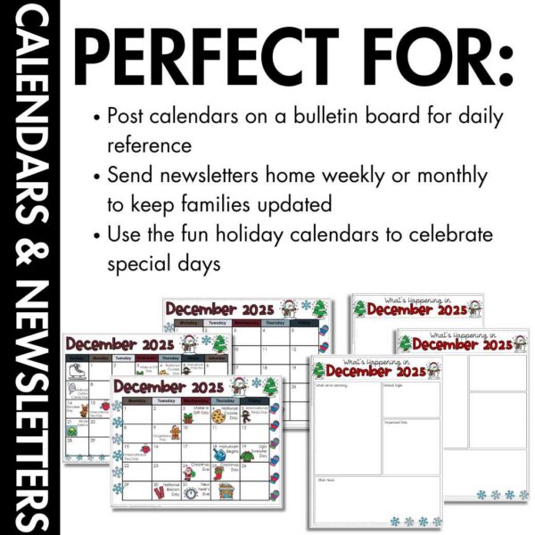 Editable December Calendars & Classroom Newsletters